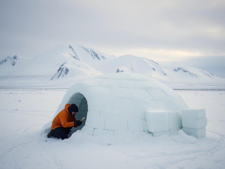 Bau eines Iglus oder Schneehöhle am See